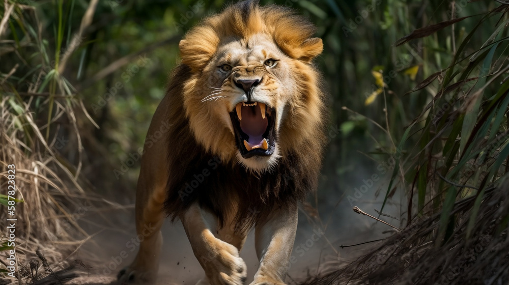Angry lion chasing in the wild, angry lion roaring, wildlife ...