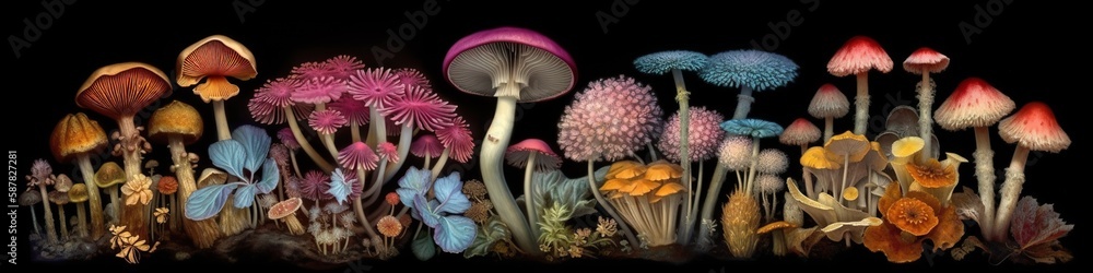 Panoramic banner, various mushroom species, every size and color in a ...