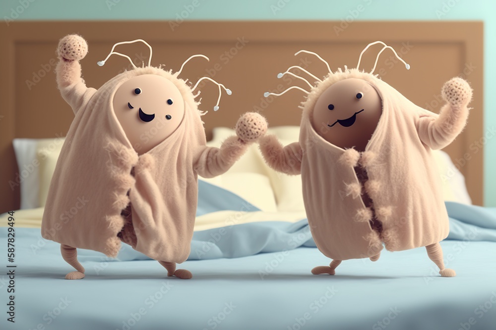 Studio portrait of house dust mites in terry bathrobes having fun on ...