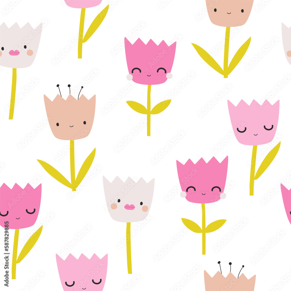 Seamless pattern with pink cute tulips. Childish floral print. Vector ...