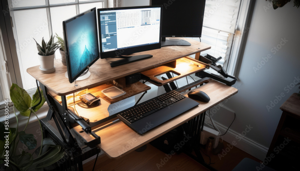 Elevated view of a standing desk workstation with laptop. (Generative ...