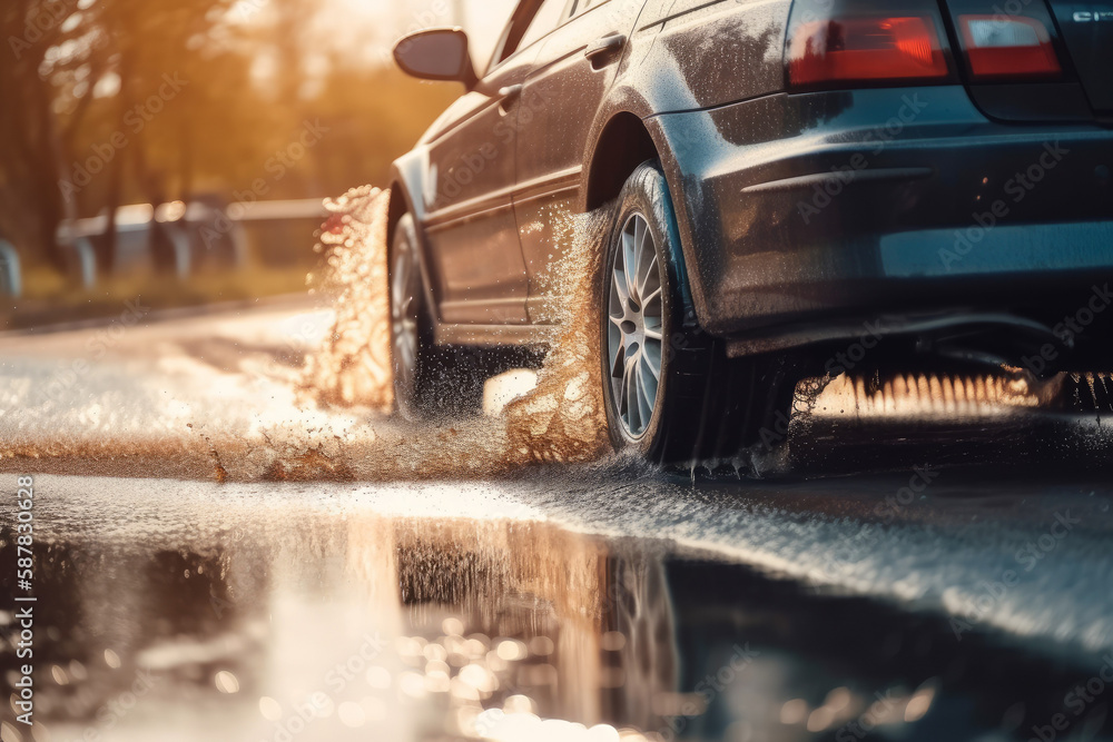 Splashes and underside of a car wheel with selective focus and blurred ...
