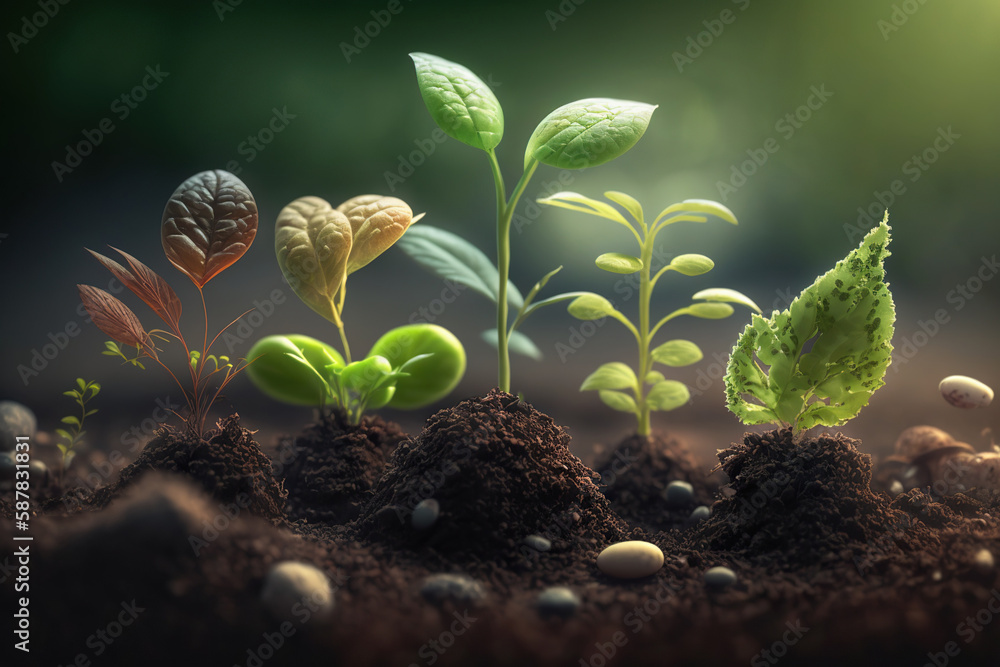 Seedlings growing from the ground. germinating seeds, created with ...