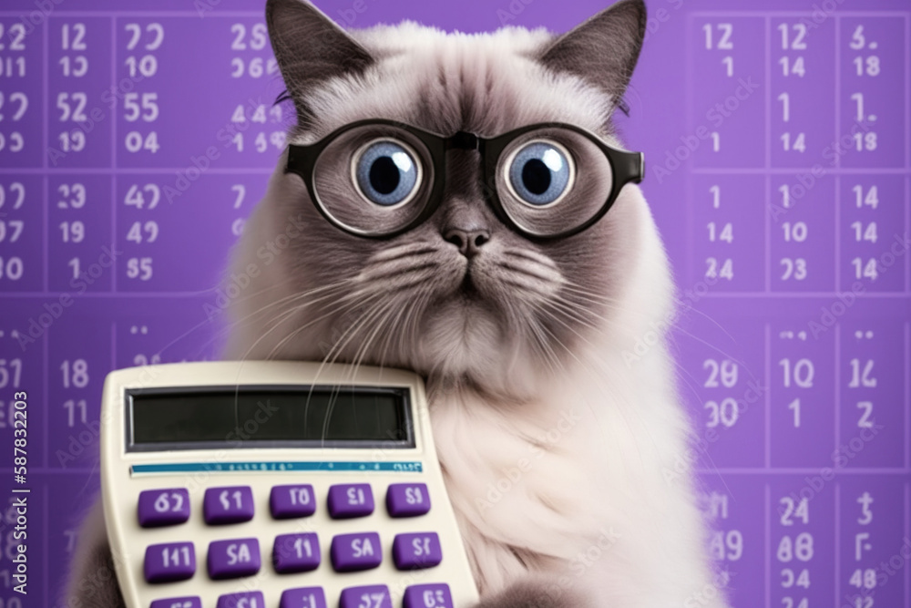 Shocked cute cat in glasses with surprised eyes and calculator, created with Generative AI ...