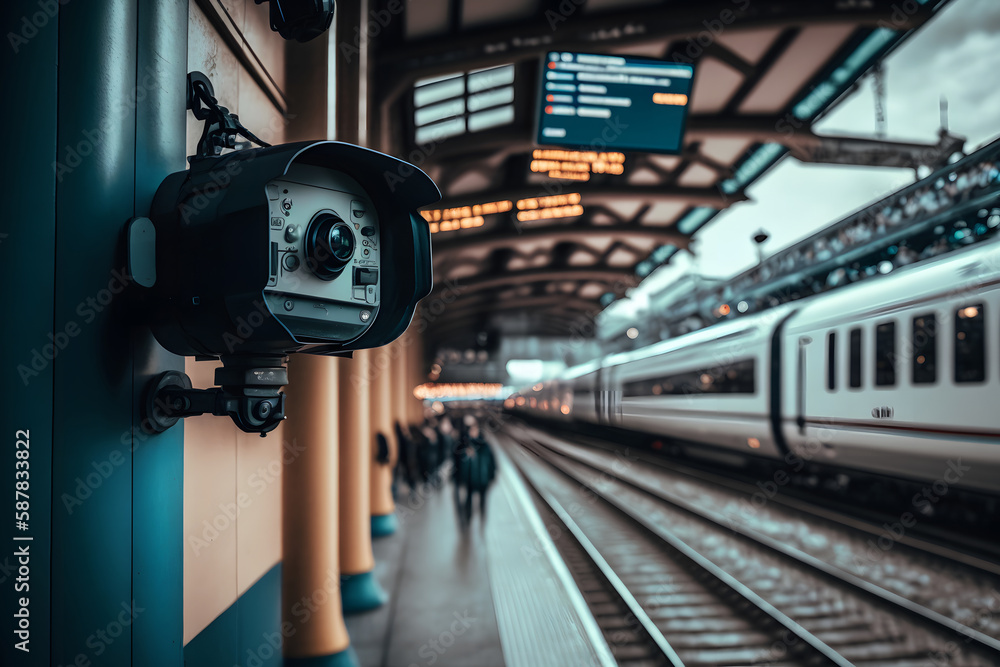 CCTV Camera Operating on train station platform. Neural network AI ...