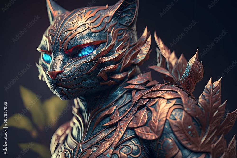 futuristic super hero cat wearing bronze floral style armored body suit ...