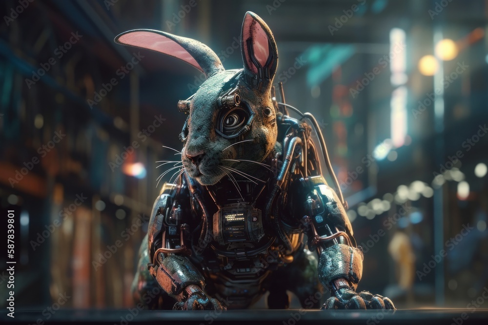 Rabbit Robot in Ultraviolet Glory with Rococo Bionic City Background ...