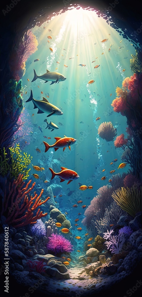 Sunlight bathes a deep sea scene teeming with tropical fish and coral ...
