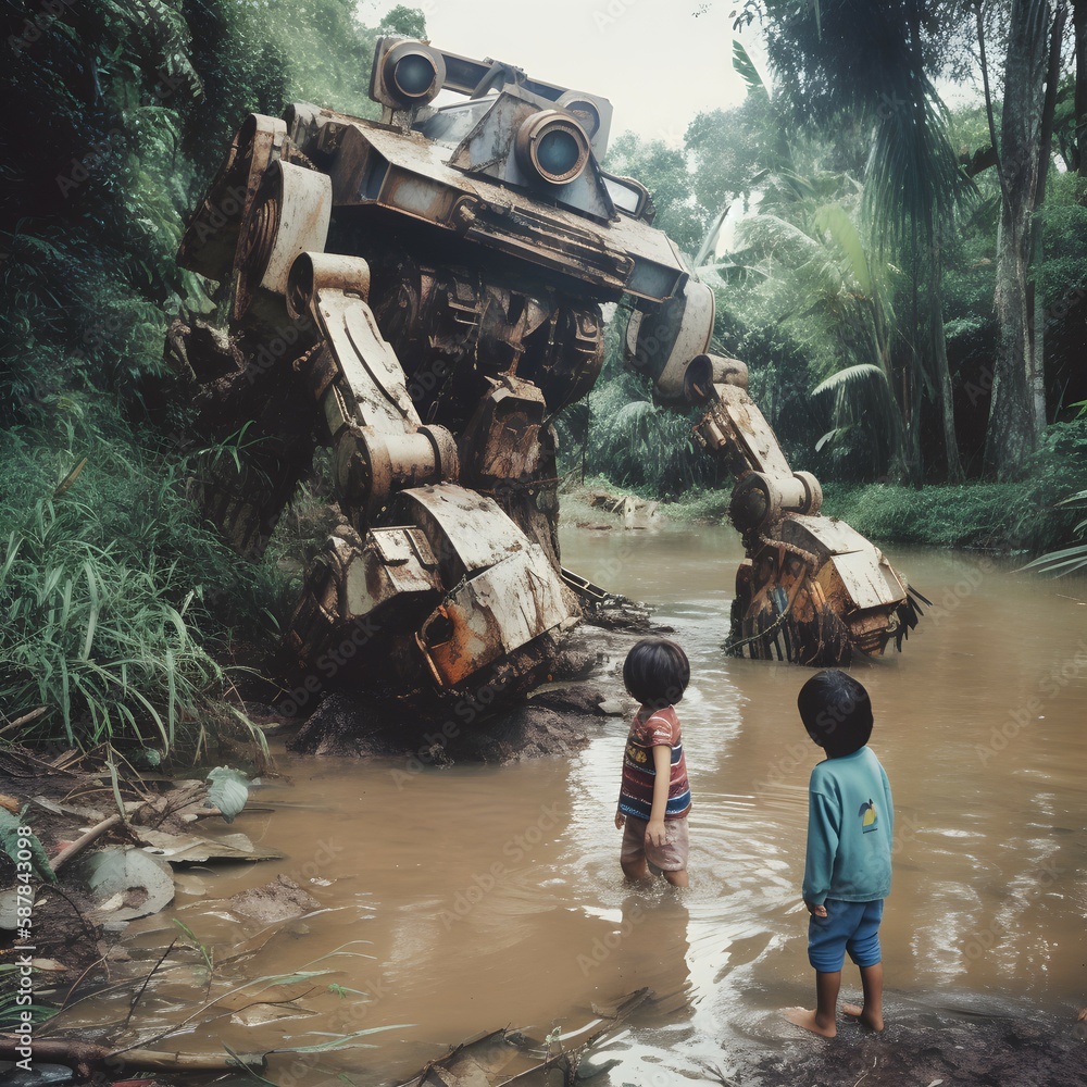 Children in a Malaysian village marvel at a destroyed robot in a murky ...