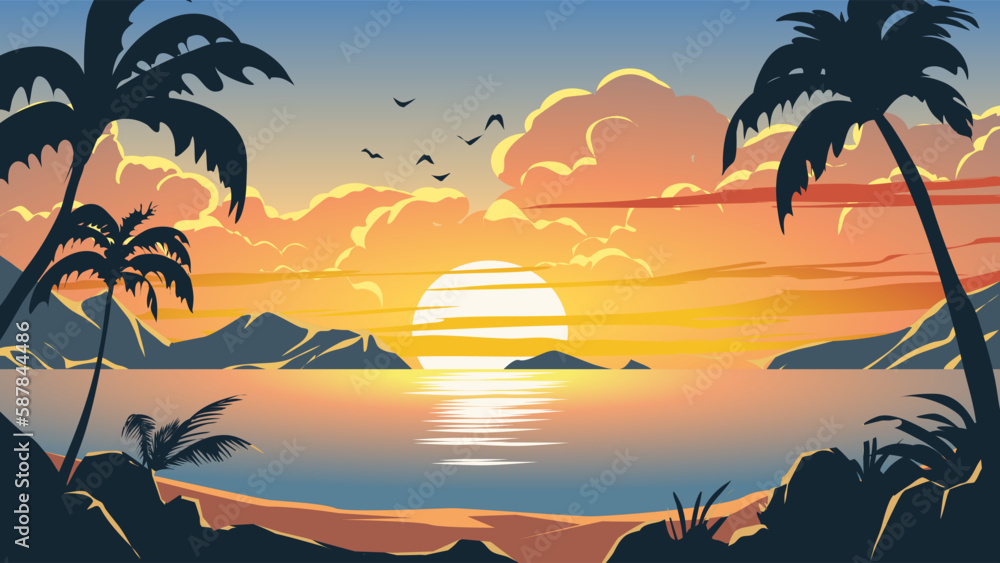 Vector ocean sunset scenery. Colorful tropical beach landscape Stock ...