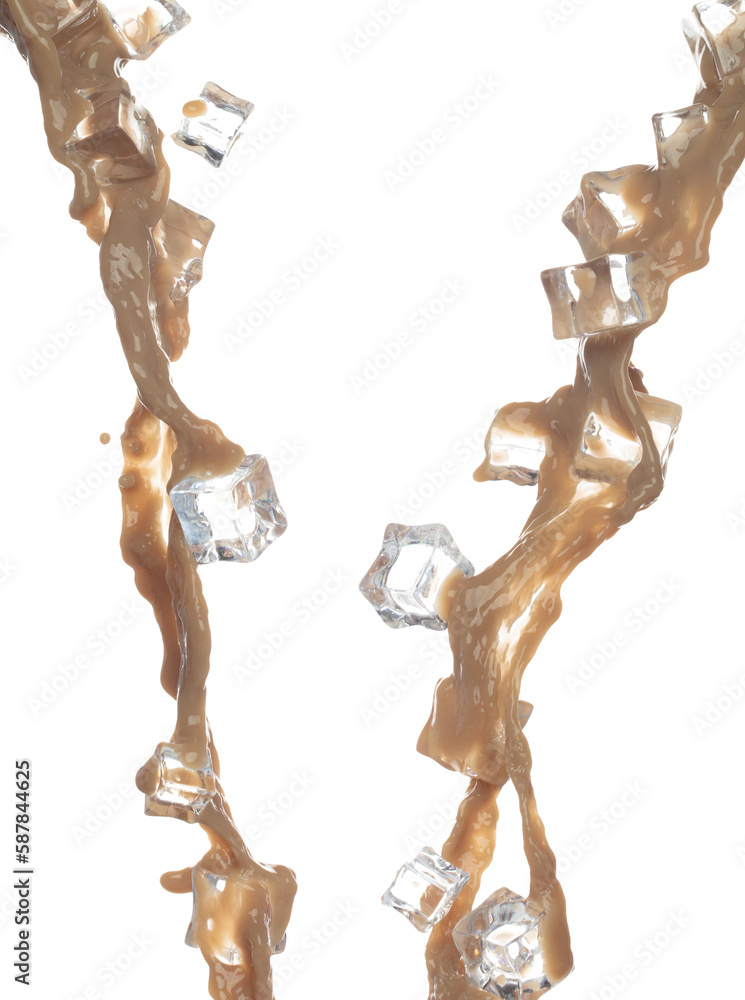 Milk Tea fall ice cube cool pouring down in Shape form line. Milk Ice ...