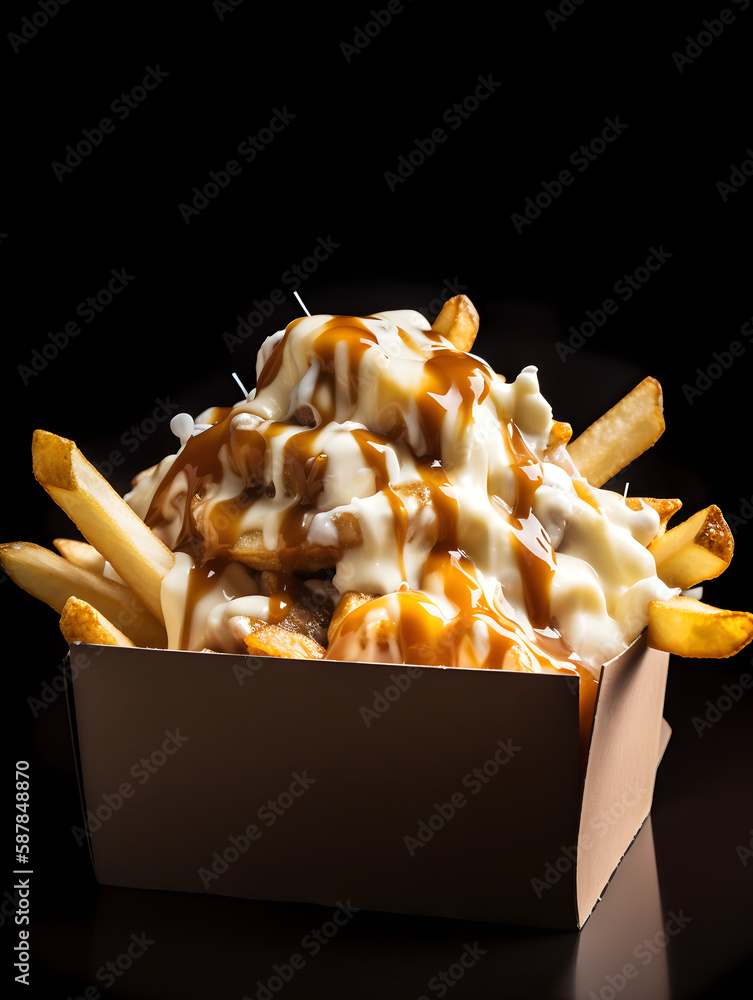 Takeout box of canadian poutine topped with gravy and cheese Stock ...