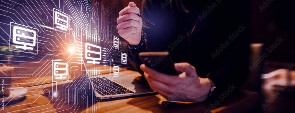 Big data management, digital technology, software development concept. Computer programmer ...