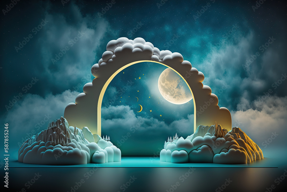 Podium for product display platform with dreamy cloud and glowing ...