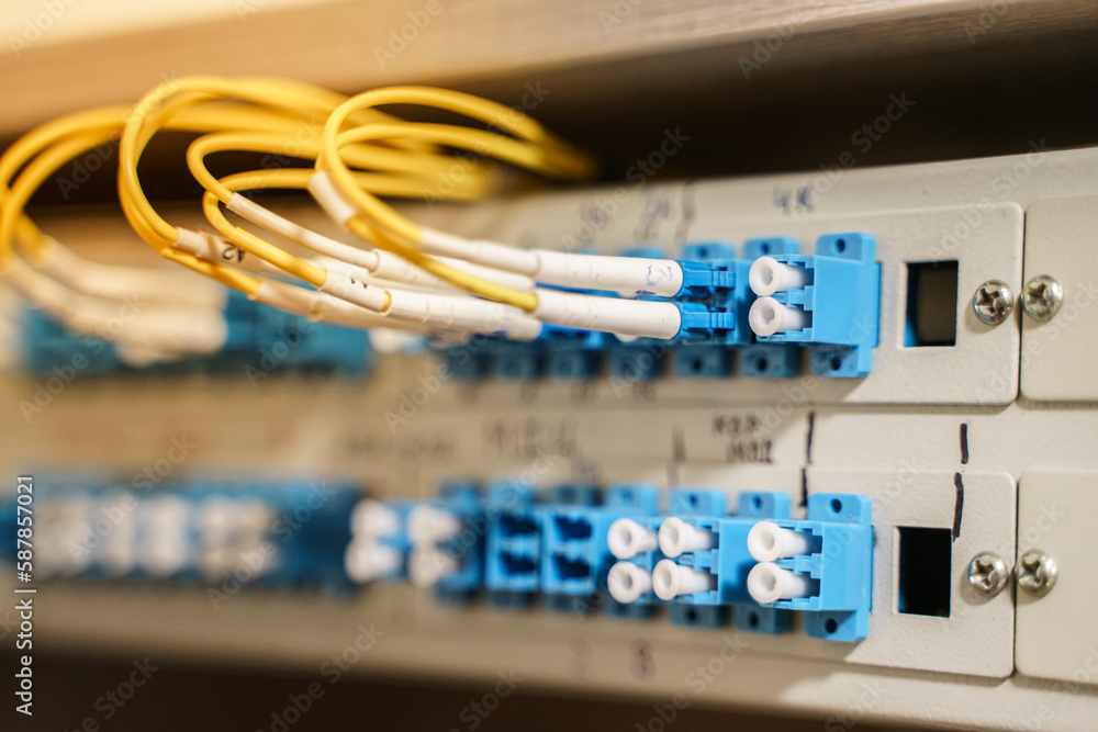 Optical patch panel. Data transmission via optical fiber cable. Optical ...