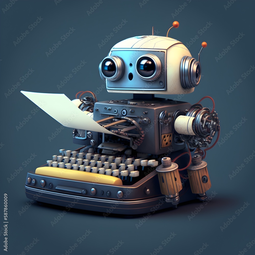 Cute typewriter robot typing on paper with seamless background ...