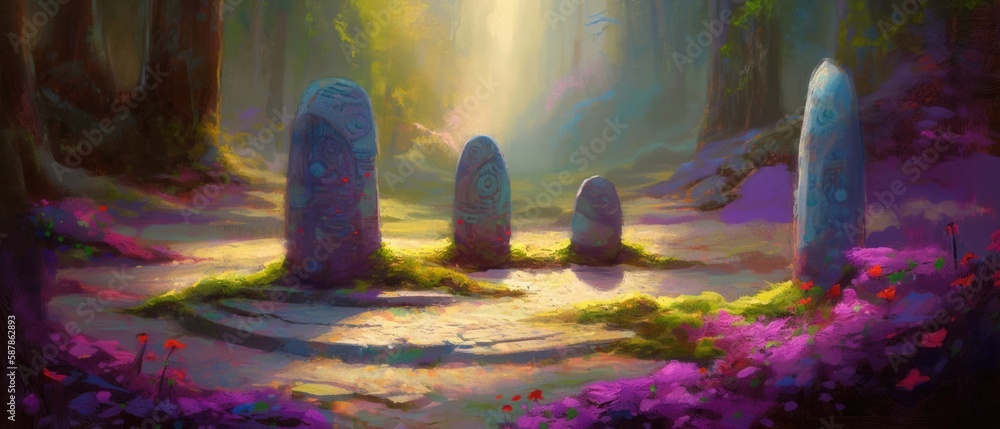 Sacred forest glade with ancient rune stone and altar offering stones ...
