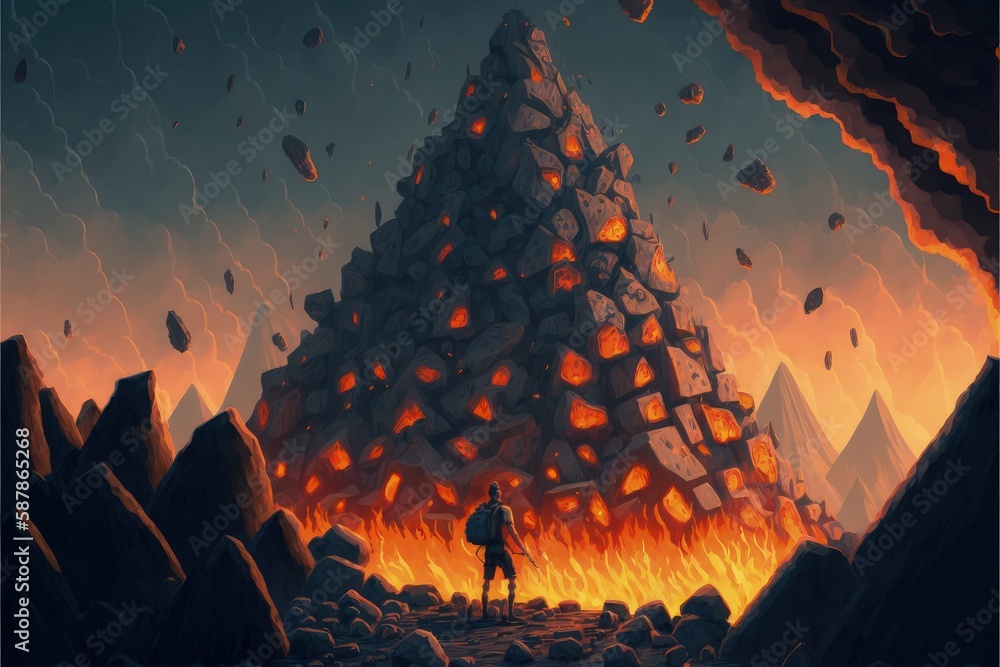 Man fragmented into shards standing on volcanic boulder in bizarre ...