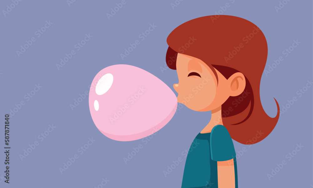 Little Girl Chewing a Pink Strawberry Flavored Gum Vector Illustration ...