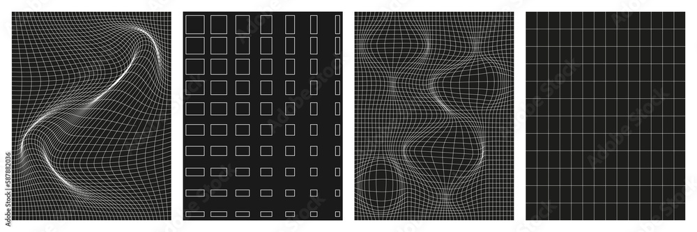 Set of geometry wireframe grid backgrounds in white color on black ...