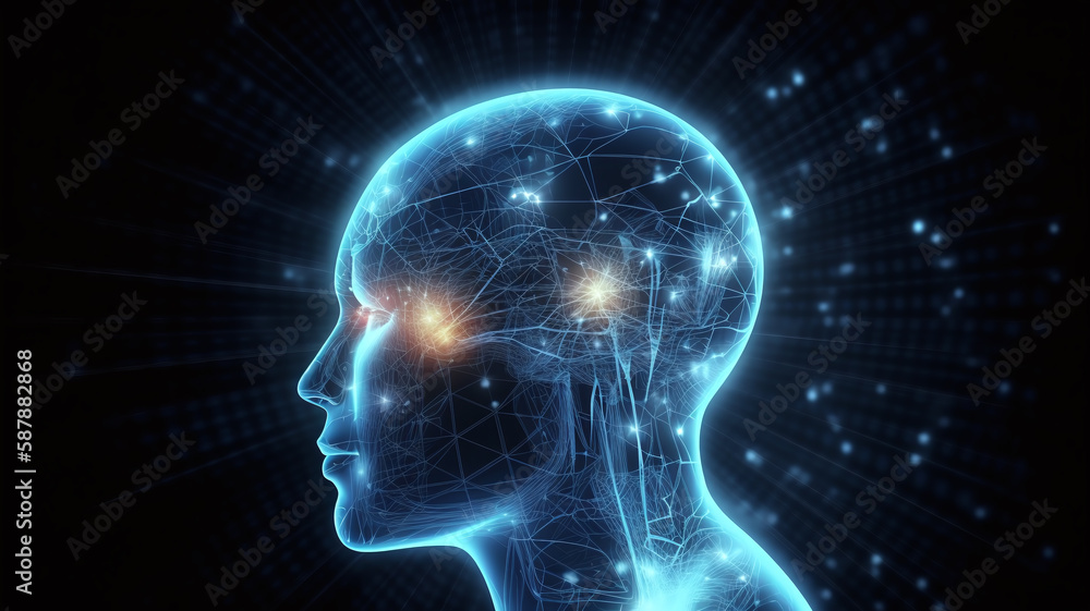 Glowing Neural Network: A Close-Up of the Human Brain with Visible Circuitry and Grey Matter for ...