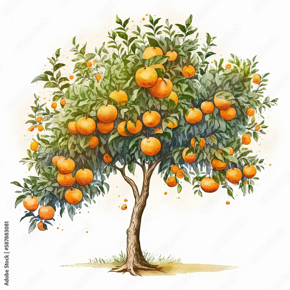 Watercolor fruiting orange tree illustration on white background. Ai ...