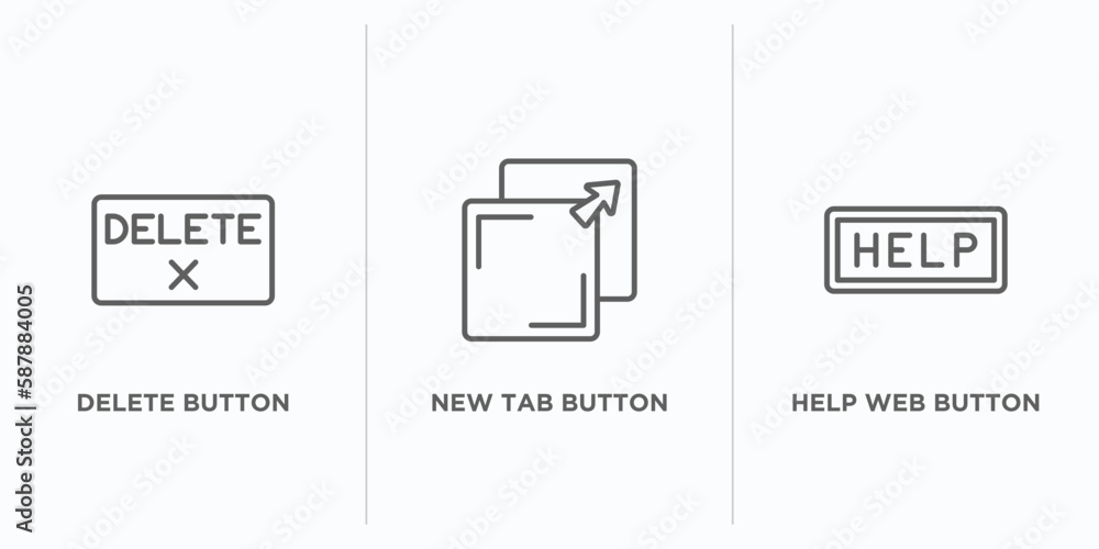 user interface outline icons set. thin line icons such as delete button, new tab button, help ...