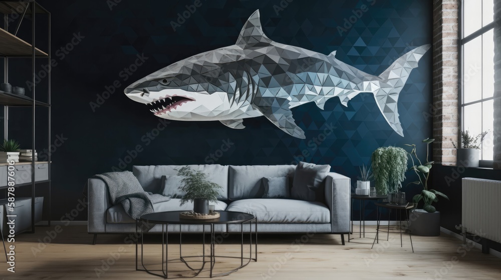 Living Living Room With Full Wall Geometric Shark Interior Design ...