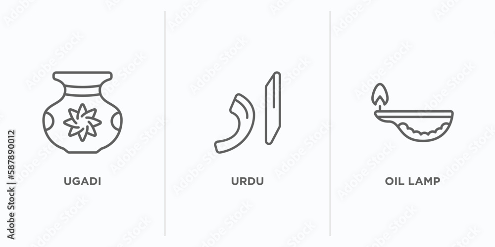 india outline icons set. thin line icons such as ugadi, urdu, oil lamp ...