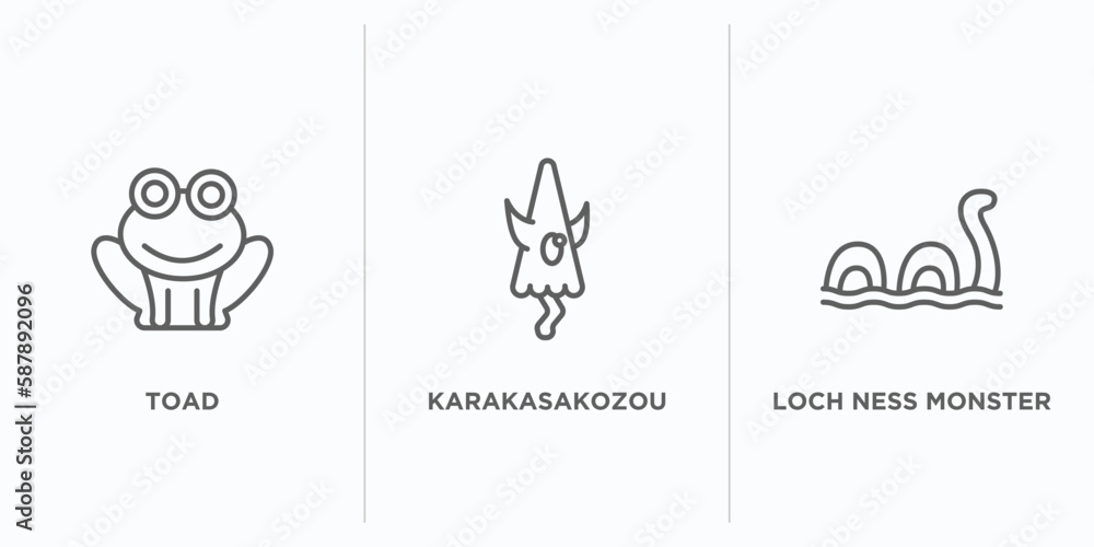 fairy tale outline icons set. thin line icons such as toad, karakasakozou, loch ness monster ...