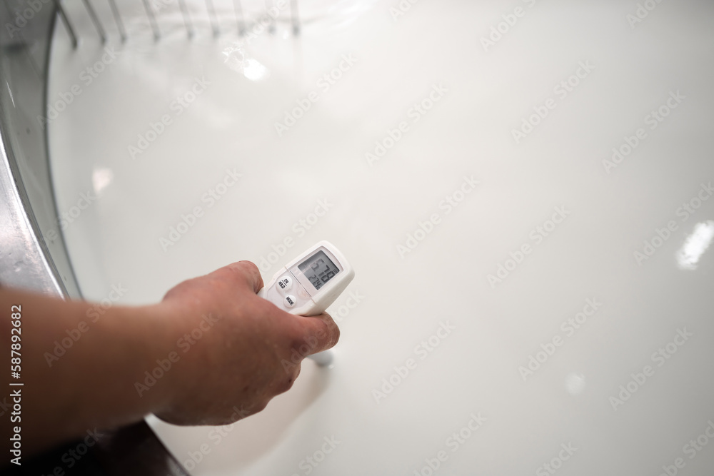 Cheesemaker measuring temperature and acidity with ph meter in a large ...