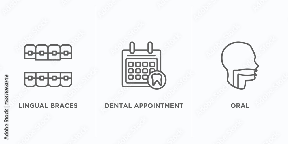 dentist outline icons set. thin line icons such as lingual braces, dental appointment, oral ...