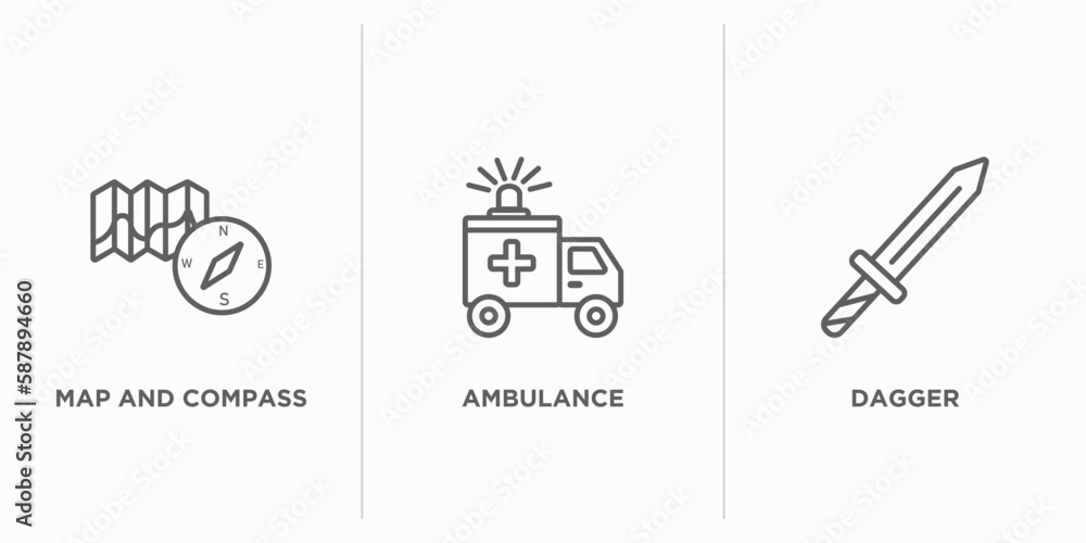army outline icons set. thin line icons such as map and compass ...