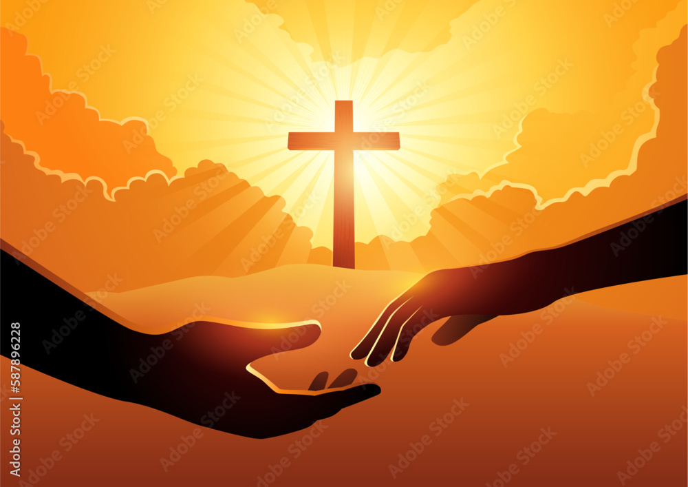 Couple hands reaching to one another on a cross on a hill background ...
