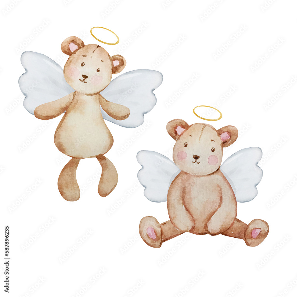 Watercolor little cute Baby Angel teddy bears Stock Illustration ...