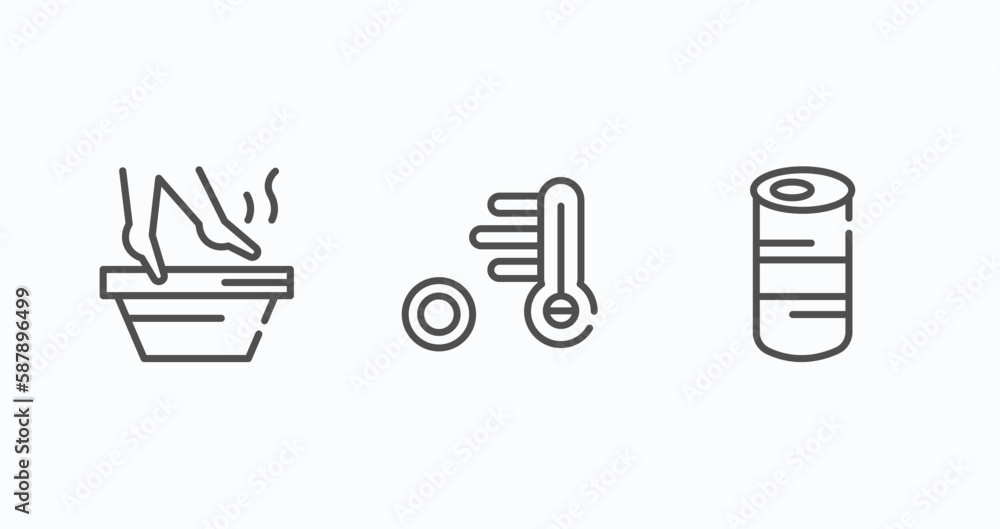 set of 3 thin line icons in sauna concept. outline icons including foot bath thin line, core ...