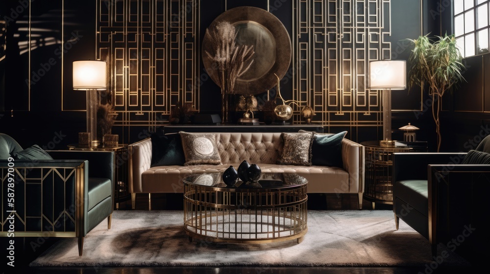 This image showcases an opulent living room with an Art Deco aesthetic ...