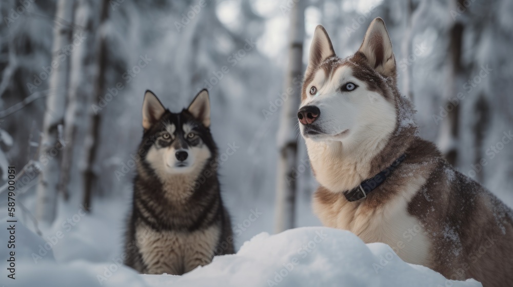 A beautiful winter scene featuring a majestic husky and a curious tabby cat, both surrounded by ...