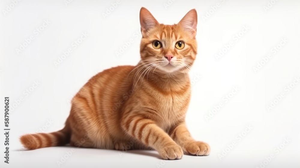 This captivating image depicts a red cat sitting on a white surface and ...