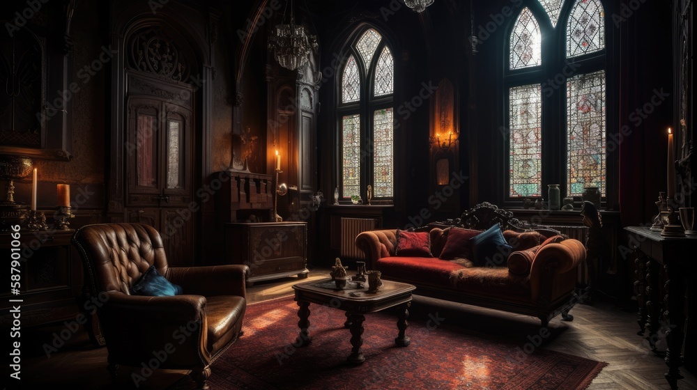 This image showcases a stunning living room with a Gothic-inspired ...