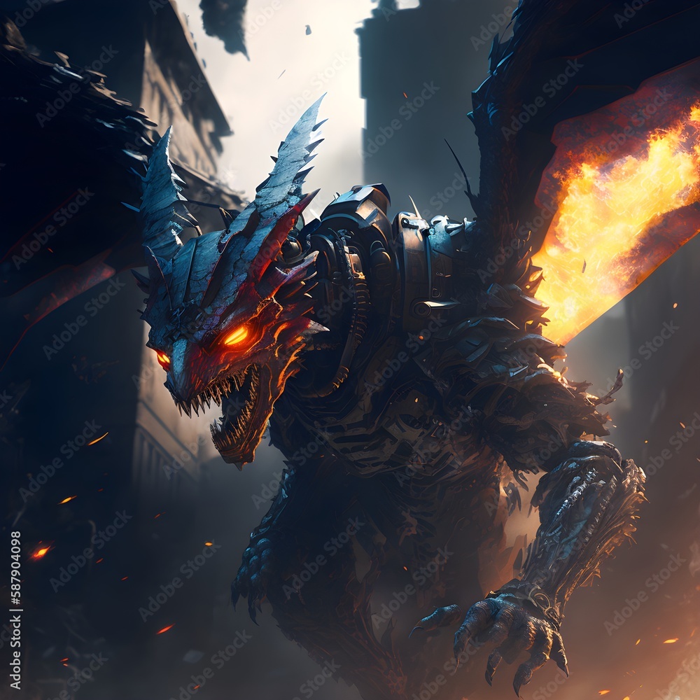 flying Dragon robot for combat use Background is Tokyo in ruins ...