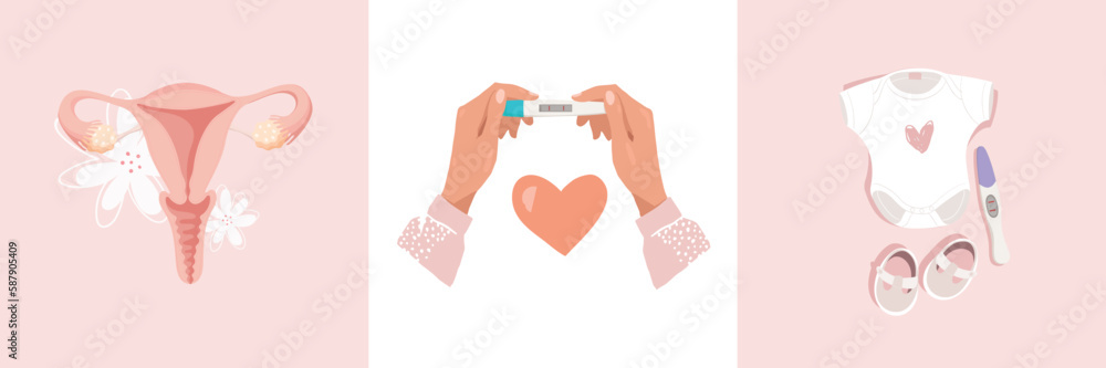 Modern Pregnancy banner, woman holding a positive pregnancy test, baby ...