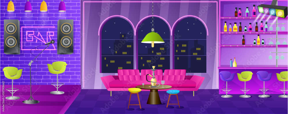 Music bar, Modern cafe with bar, tables and stage areas cartoon vector ...