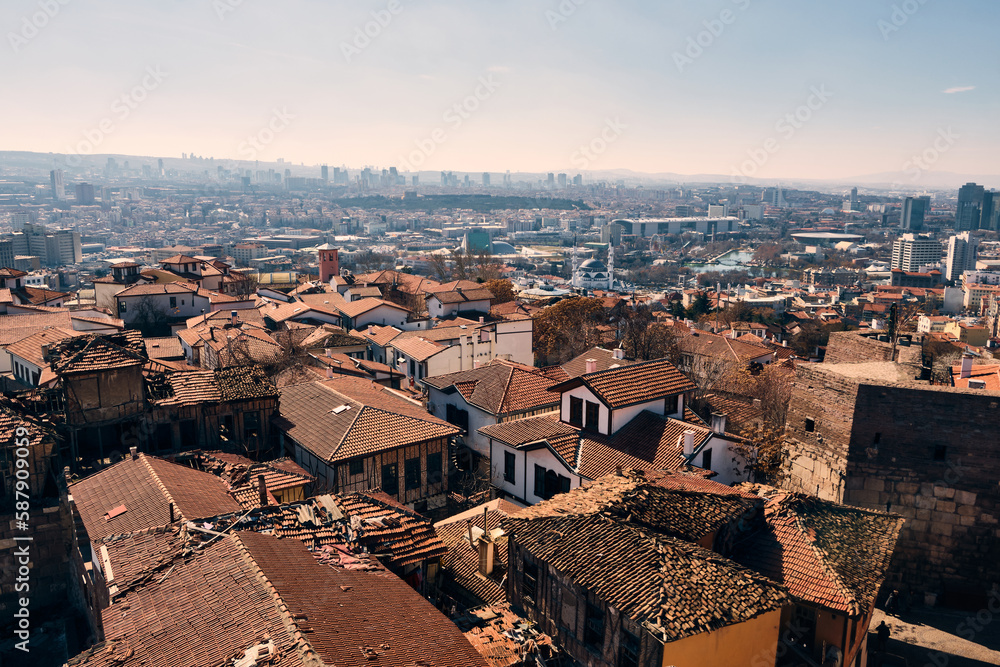 Panoramic view of tiled rooftops of historical residential buildings at ...