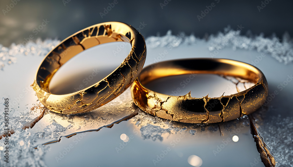 Two gold wedding rings that are torn. The image symbolises separation ...