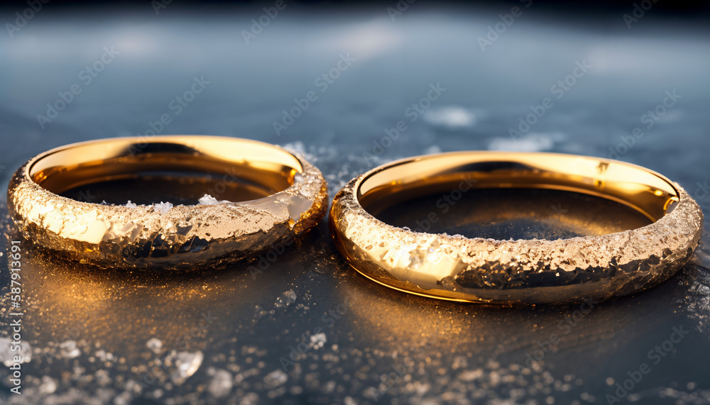 Two gold wedding rings that are torn. The image symbolises separation ...