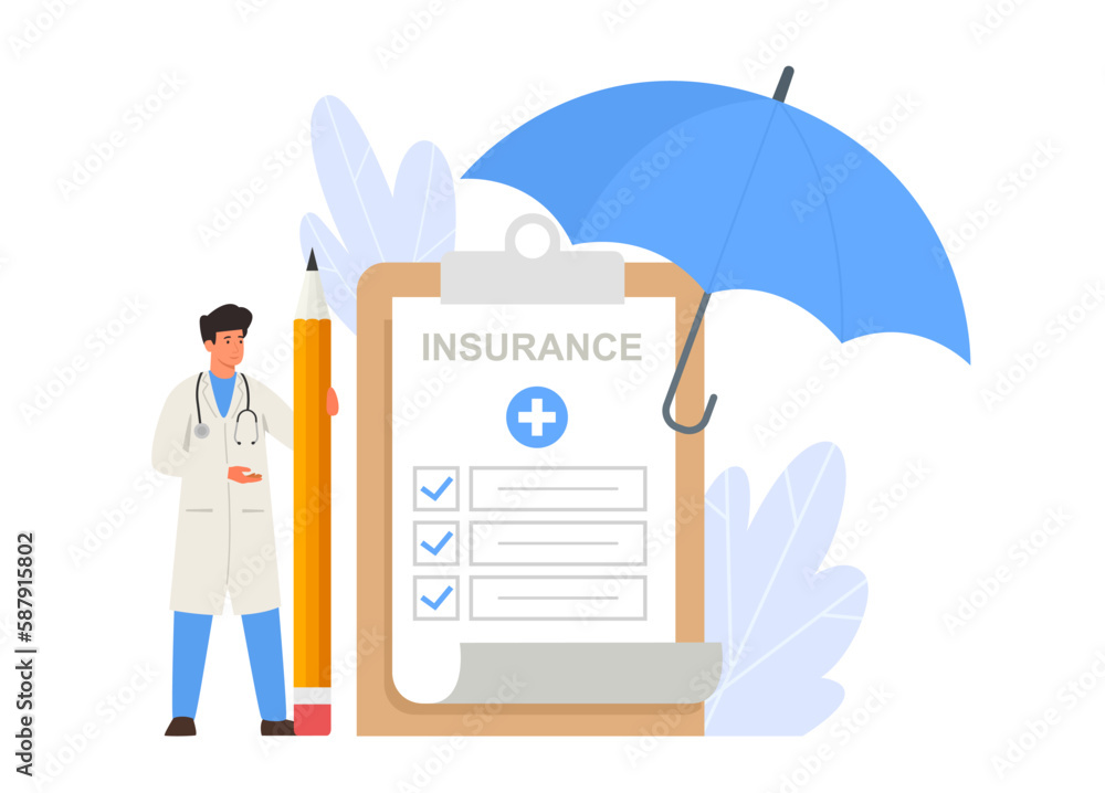 Medical insurance concept. Doctor character standing near health ...