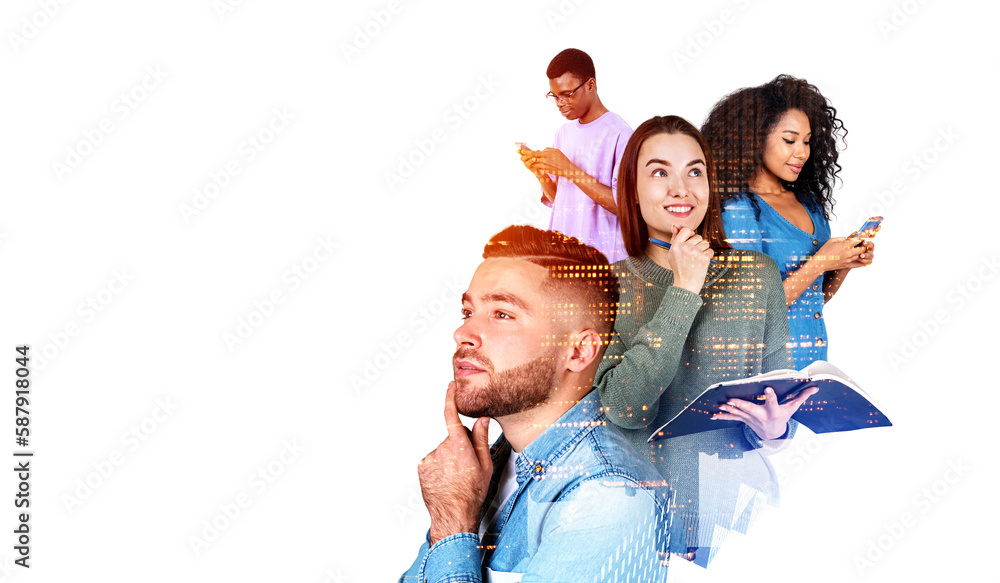 Four business students portraits with pensive look, education. Copy ...