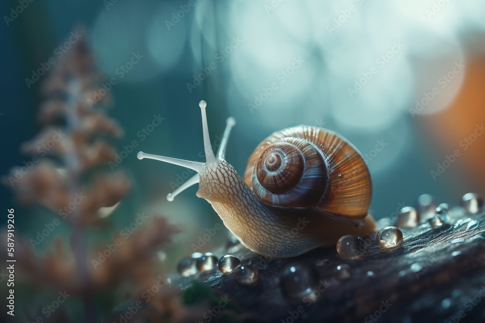 a snail is sitting on a log in the woods with drops of water on its ...