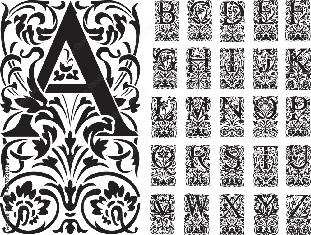 Alphabet Medieval. Vintage decorative letter. Vector set of hand drawn ...